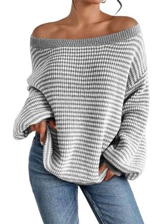 Generic Pull &agrave; rayures amples pour femme - Coupe &eacute;paules d&eacute;nud&eacute;es - Pour le printemps et lautomne - Haut en tricot d&eacute;contract&eacute; avec col bateau et manches long