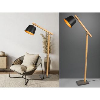 Trio Stehleuchte HARRIS mit Holz & Metallschirm Schwarz-Gold H&ouml;he 156cm