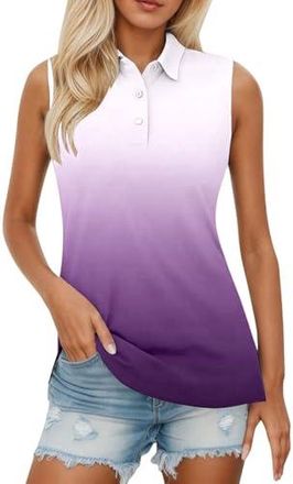 Generic D&eacute;bardeur sans manches &agrave; col pour femme, camisole boutonn&eacute;e de couleur d&eacute;grad&eacute;e pour l&eacute;t&eacute;, lentra&icirc;nement quotidien et haut ray&eacute; pour femme, violet cla