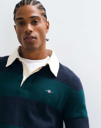 GANT Feinstrick-Pullover aus Lammwolle mit Streifen im Rugby-Stil in Smaragdgr&uuml;n