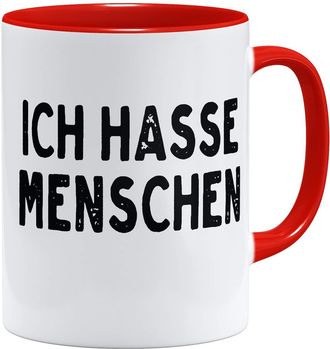 OM3 Ich Hasse Menschen Kaffee-Tasse mit lustigem Spruch - Keramik Becher - 11oz 325ml - Beidseitig Bedruckt - Rot