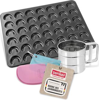 Zenker Vanillekipferl-Set, 42er-Kipferl-Backblech mit Antihaftbeschichtung, Teigschaber zum Bestreichen, Puderzuckersieb zum Bestreuen, Vanillekipferl einfac