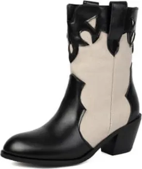 Generic Bottines Western Femme avec Découpes Bout Rond Talons Bas Épais Dessus en Cuir PU Durable À Enfiler Chaussures Décontractées Quotidiennes Rodeo,Noir,4