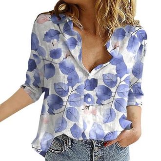 Generic Hauts d&eacute;t&eacute; pour femme - Chemise boutonn&eacute;e en lin - Chemisiers pour femme avec col - Chemisiers et chemises boh&egrave;me baggy - Taille 48 - Hauts d&eacute;contract