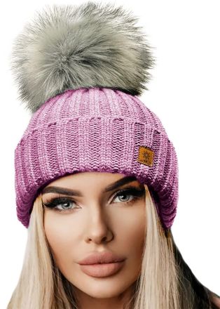 4sold Damen Winter Strickm&uuml;tze - warme Beanie mit Kunstfell-Bommel - handgefertigt in Polen, italienisches Acryl, weich & atmungsaktiv, viele Farben, One Si