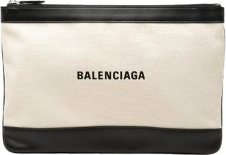 Balenciaga Sac bandouli&egrave;re Pre-owned Navy Clip M en toile et cuir - Femme - Pre-owned - Beige - Taille: ONE Size