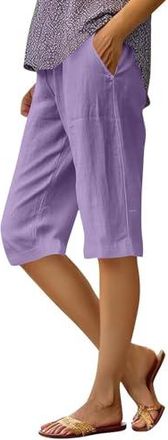 Generic Short en coton et lin pour femme, longueur genou, short court d&eacute;contract&eacute; l&eacute;ger et respirant avec poches, longueur genou, pantalon capri &agrave; jambe large