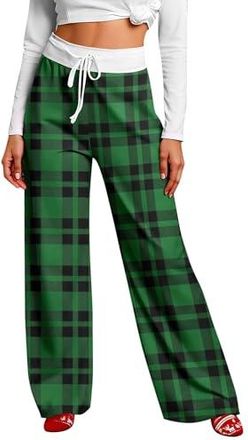 Generic Pantalon &agrave; jambe large pour femme - Taille haute - Jambe droite - Pantalon d&eacute;t&eacute; l&eacute;ger &agrave; carreaux - Pantalon de pyjama d&eacute;contract&eacute; et doux - Pantalon d