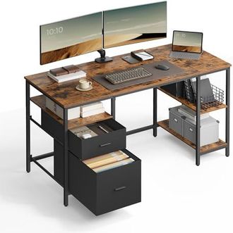 Vasagle Bureau dOrdinateur, Table avec Rangement, 3 &Eacute;tag&egrave;res, 2 Tiroirs, 60 x 140 x 76 cm, pour Bureau, Salon, Style Industriel, Marron Rustique et Noir Mat L