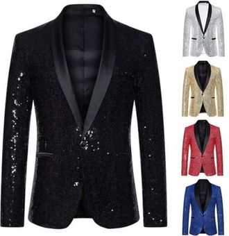 Generic Blazer &agrave; paillettes pour homme, coupe ajust&eacute;e, smoking, bal, mariage, blazer tendance pour homme, Noir, XXL