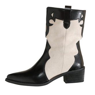 Generic Bottes mi-mollet pour femme - Talon bloc - &Eacute;l&eacute;gantes - Bout pointu - Patchwork - R&eacute;tro - Confortable - Large - Chaussures de marche en plein air, Noir