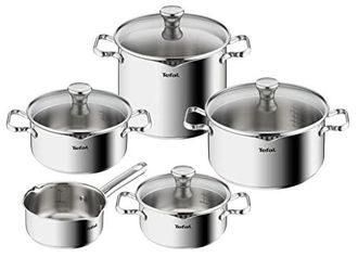T-fal Batterie de cuisine 9 pi&egrave;ces, Induction, Casserole 16 cm, Faitouts 18/20/24 cm, Couvercles en verre filtrants, Inox garanti 10 ans, Base 3 couches, Du