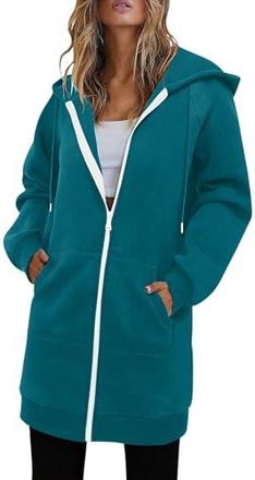 Generic Sweat-shirt long avec poches zippées pour femme - Sweats à fermeture éclair intégrale pour femmes - Sweat à capuche surdimensionné chaud à col rond av