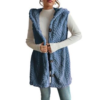 Generic Gilet Sherpa sans manches pour femme - Long gilet en polaire d&eacute;contract&eacute; sans manches - Veste sherpa chaude &agrave; capuche boutonn&eacute;e, bleu, XXL