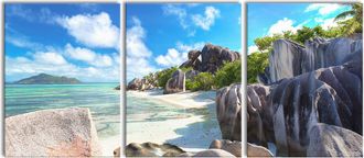 Pixxprint Seychellen Strand als XXL Leinwandbild in &Uuml;bergr&ouml;&szlig;e 180x80cm Gesamtma&szlig; 3 teilig, Wandbild, Kunstdruck