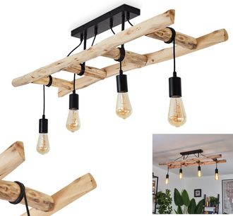 HOFSTEIN Deckenleuchte Yaak, Vintage Deckenlampe aus Metall in schwarz u. Holzleiter, Höhe max. 87 cm (verstellbar), 4 x E27, Leuchtenköpfe individuell einstel