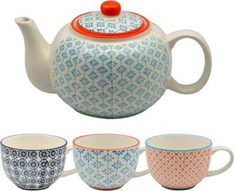 Nicola Spring Handgedruckte Teekannenbecher & Untertassen Set - 7pc