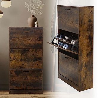 ML Design ML-Design Armoire &agrave; Chaussures avec 3 Compartiments Rabattables, Marron Fonc&eacute;, 60x24x120,5 cm, Vintage, &Eacute;troite, Basculeur, 18 Paires de Chaussures, &Eacute;