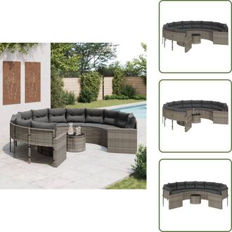 vidaXL Gartensofa mit Tisch und Kissen Rund Grau Poly Rattan - Gartenm&ouml;bel - Outdoor-Sofa - Rattan-Sofa - Gartensofa - Lounge Set - The Living Store
