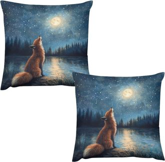 Generic Mystischer Fuchsmond Sternenwaldsee Dekokissenbezug Weich Dekokissen Quadratische Zierkissenbez&uuml;ge F&uuml;r Schlafzimmer Bett Hotel 45X45Cm 2Er Set
