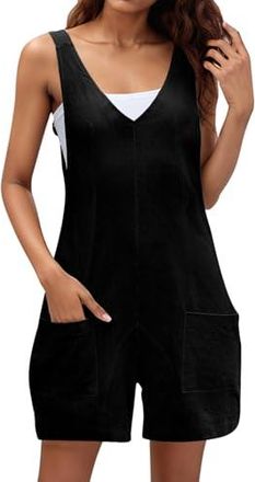 Generic Barboteuse d&eacute;contract&eacute;e d&eacute;t&eacute; pour femme, bretelles r&eacute;glables, combinaison ample et confortable avec poches, Noir, XXL