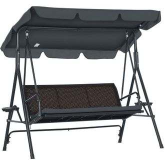 OUTSUNNY Balancelle de jardin - Outsunny - 3 places - toit inclinaison r&eacute;glable avec porte-gobelets et plateaux - cadre en acier - gris fonc&eacute;