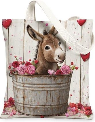 Generic Sac fourre-tout en toile motif &acirc;ne pour le shopping, 33 x 38 cm, sac d&eacute;picerie r&eacute;utilisable pour la Saint-Valentin, sac d&eacute;picerie pour femme, peinture