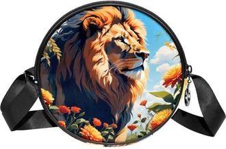 Generic Petit sac &agrave; bandouli&egrave;re circulaire pour femme, motif fleur de lion, sac &agrave; dos avec fermeture &eacute;clair, bretelles r&eacute;glables, sac &agrave; main rond d&eacute;contract&eacute; 