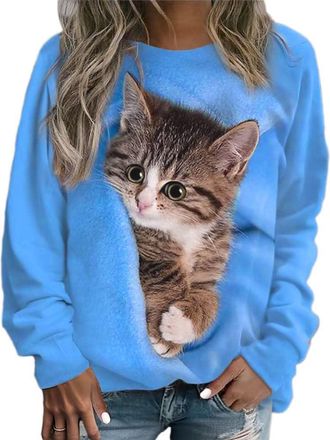 Onsoyours Pullover Damen Sweatshirt Herbst Winter Frauen Drucken Langarm Kapuzenpullover mit Katze Motiv Hemd Locker Casual Oberteil Bedruckte Tops Sweatshirts 