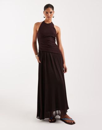 Forever New Robe longue et sans manches en lin m&eacute;lang&eacute; avec jupe en mousseline - Chocolat-Brown