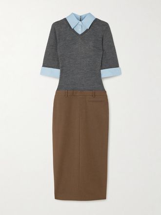 Staud Geo Mehrlagiges Midikleid Aus Twill Und Einer Wollmischung Mit Bes&auml;tzen Aus Popeline Aus Einer Baumwollmischung - Braun