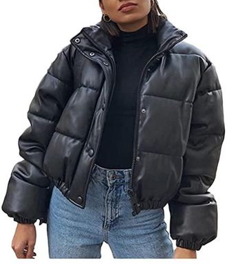 Minetom Femme Fille Manteau Blouson Hiver Chaud Veste &agrave; Capuche Gilet Tops Cuir PU Zipp&eacute; Manche Longue Outwear 1 A Noir M
