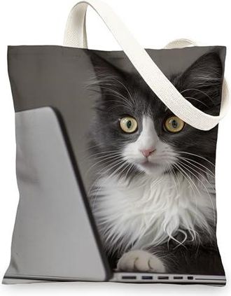 Generic Sacs fourre-tout en toile motif chat, adorable félin, sacs de courses réutilisables, mignons, décontractés, légers et lavables pour les voyages, noir,