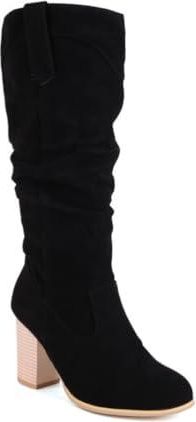 Generic Bottes mi-Mollet pour Femmes Slouchy Design Bout Rond Chunky Block Heels Slip on Rétro Casual Party Soirée Bottes en Daim Chaussures Élégantes,Noir,39