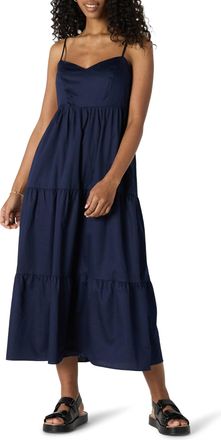 Amazon Essentials Damen Gestuftes Fit and Flare-Maxikleid aus Baumwollsatin mit Empire-Taille, Marineblau, L