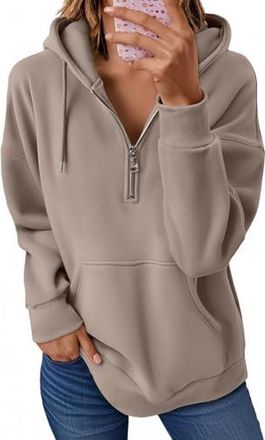 Generic Sweats &agrave; capuche surdimensionn&eacute;s &agrave; manches longues et demi-fermeture &eacute;clair pour femme, v&ecirc;tements dautomne tendance avec poches, kaki, XXL