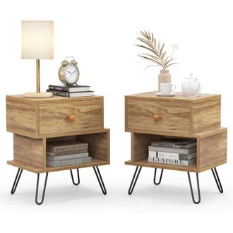 Costway Costway - Lot de 2 tables de chevet en bois avec tiroir - Pieds en m&eacute;tal sur&eacute;lev&eacute;s - Dimensions 39x29x47cm - Design irr&eacute;gulier pour salon ou chambre