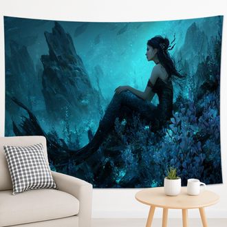 Generic Blauer Meerjungfrauen-Wandteppich, verzauberter Ozean, Wandbehang, mystische Fantasie-Dekoration für Schlafzimmer, Wohnzimmer, Schlafsaal, 228 x 178 c