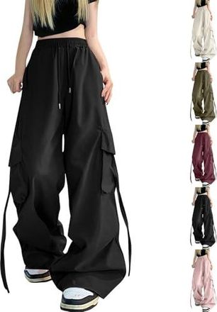 Generic Y2k Pantalon de parachute pour femme avec cordon de serrage Taille haute Baggy Jambe large Gothique Pantalon cargo Steampunk Streetwear avec plusieurs
