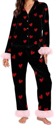 Generic Ensemble de pyjama 2 pi&egrave;ces en satin de soie pour femme avec bordure en plumes, chemise boutonn&eacute;e, pantalon de d&eacute;tente, ensemble de pyjama 2 pi&egrave;ces av
