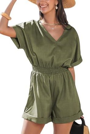 Cupshe Grenouillère en jean à manches courtes et col en V pour femme, taille smockée, jambes larges, combinaison dété décontractée, vert olive, XL