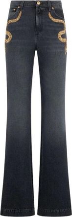 Roberto Cavalli Femme, Jeans, Noir, Taille: 40 FR Flared Jeans avec Broderie Serpent