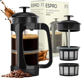 Espro P3 French Press - Cafetière et thé avec Double Micro-Filtre, Infusion sans Grains et sans amer, Cadre en Acier Inoxydable Robuste (Noir, 18 onces)