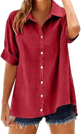 Generic Chemisier Femme Ete Fluide Coton Lin Manche Courte Chemise Oversize Femme Grande Taille Chemisiers avec Bouton Haut Ample Respirant Top Couleur Unie P