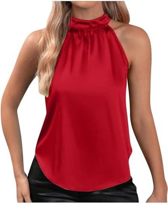 Generic Halterneck Top Satin Femme &Eacute;l&eacute;gant Grandes Tailles Mince Gilet Femme &Eacute;t&eacute; Sans Manches D&eacute;bardeur Ample T-shirts Sans Manches Camisole Tops A&eacute;r&eacute; D&eacute;barde