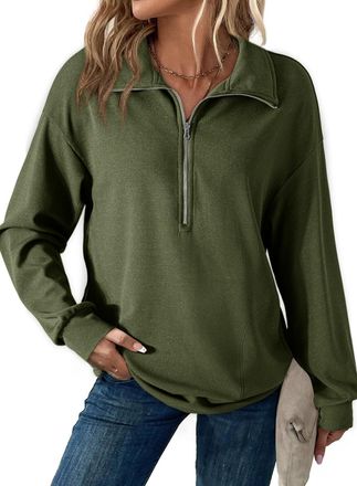 Dokotoo Pullover Damen Sweatshirt Ohne Kapuze Herbst Langarm 1/4 Rei&szlig;verschluss V-Ausschnitt Oberteile L&auml;ssig Locker Tunika Tops Einfarbig Waffel Stricken Obe