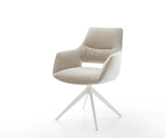 DELIFE Drehstuhl Yago-Flex mit Armlehnen Webstoff Soft Beige Kreuzgestell breit Wei&szlig; 360&deg; drehbar Wippfunktion Taschenfederkern, Esszimmerst&uuml;hle