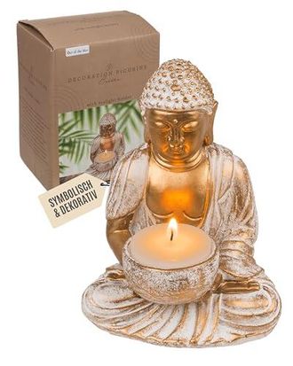 Out of the Blue Buddha-Dekofigur mit Teelichthalter - spirituelle 2-in-1 Statue aus Polyresin - stimmungsvolles Boho-Accessoire ca. 14 cm f&uuml;r Wellness & Wohnraum