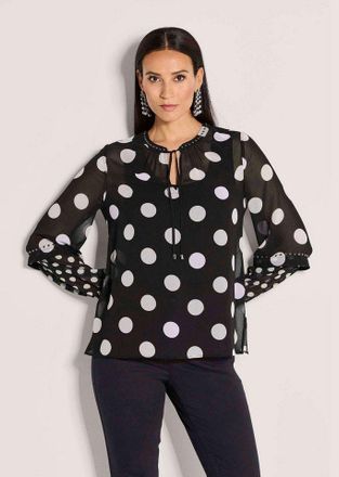 Madeleine Langarmbluse Elegante Bluse mit P&uuml;nktchen-Druck Zart transparent mit Rundhals, Bindeband und langen &Auml;rmeln