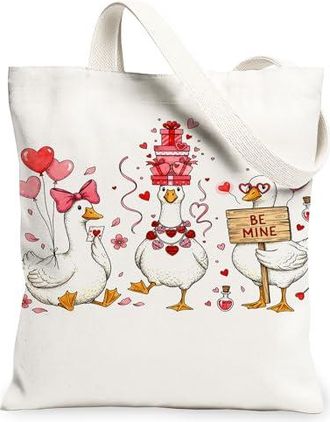 Generic Sacs fourre-tout en toile avec motif oies de Saint Valentin, sacs de courses r&eacute;utilisables, l&eacute;gers et lavables avec bandouli&egrave;re, blanc, 13x15 Inch